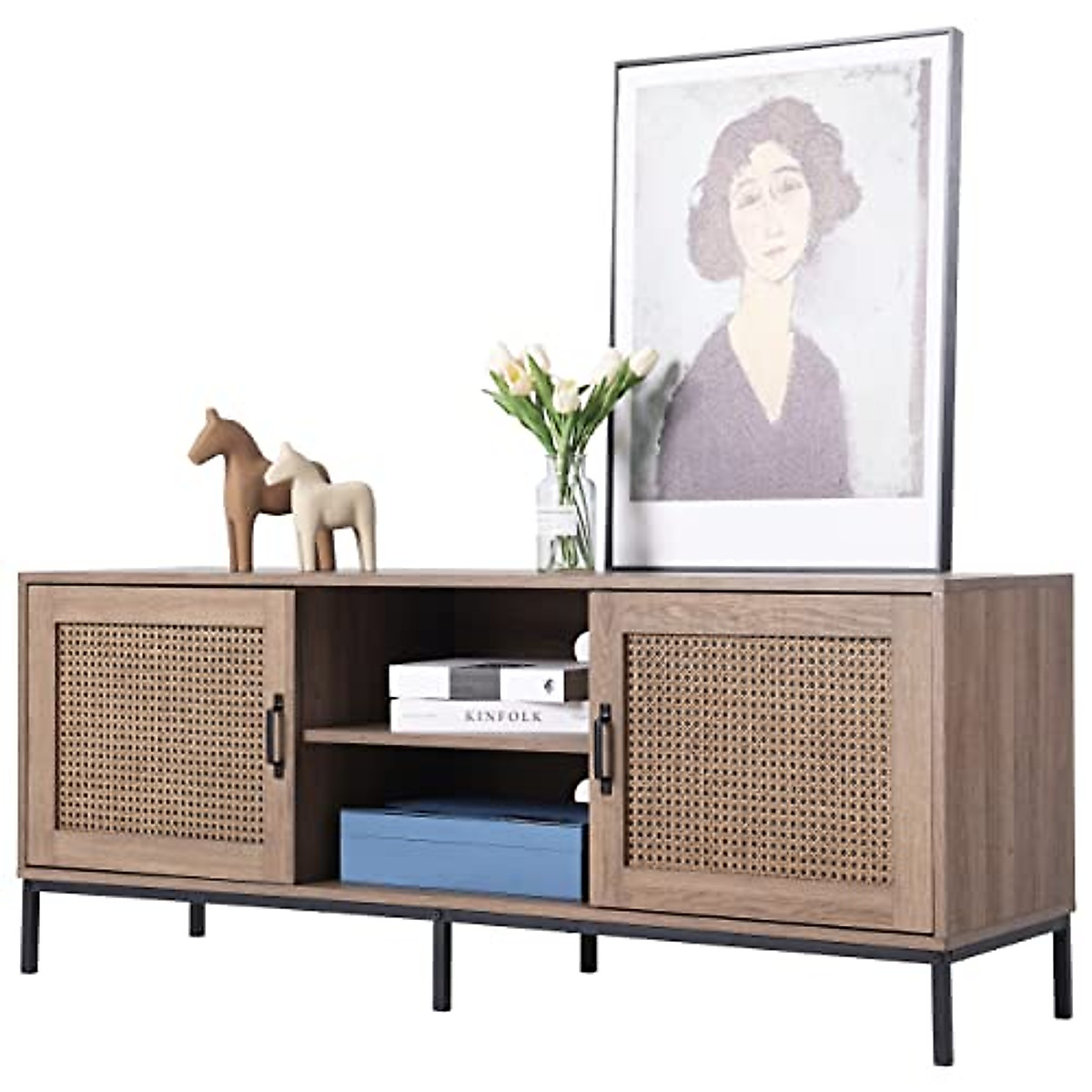 BIRASIL Industrial TV Stand, Wood TV Cabinet with Rattan Doors, Entertainment Center with Storage, Rustic Television Stands for TVs up to 60 inch for Living Room (Natural Oak, 56 Inch)