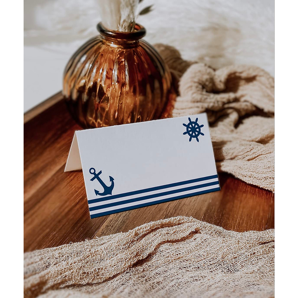 Nautical Place Cards - 25 Pack - Nautical Food Cards. Blue Anchor and Captain’s Wheel over Stripes Design, for Dinner Parties, Banquets, Cocktail Parties, Buffet. 2” x 3.5”. Scored for Folding.