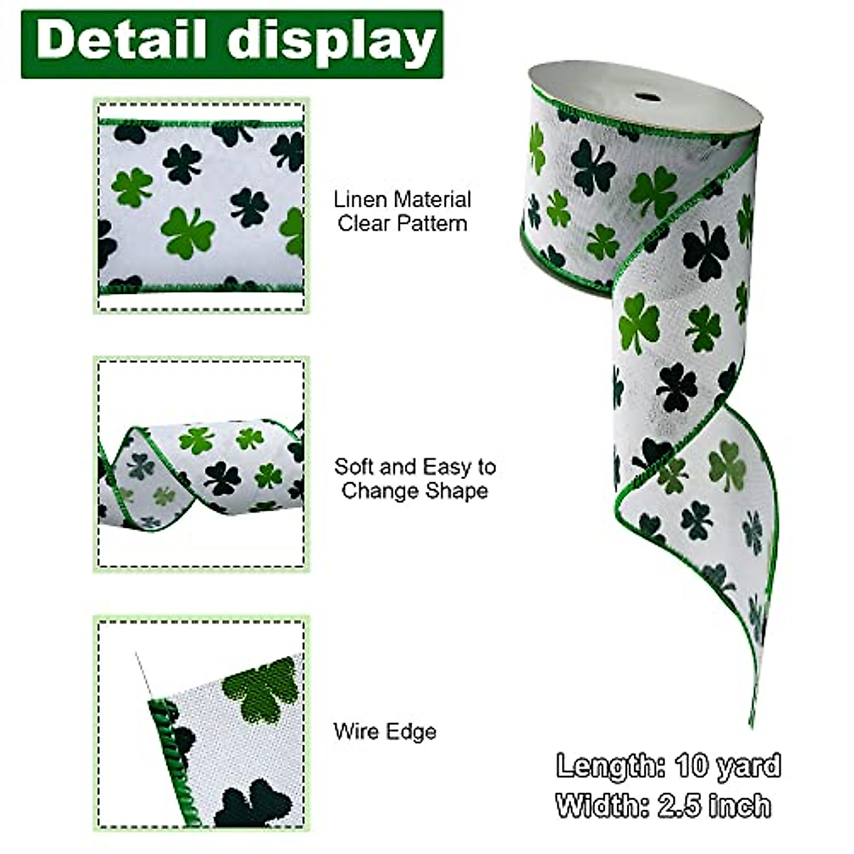 Hying St. Patrick's Day Ribbons for Gifts Wrapping, White Burlap Wired Edge Ribbons Irish Shamrock Craft Ribbon Ornaments for Wreath Bows Saint Patrick's Day Decoration Supplies, 2.5"×10 Yards