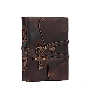 Leather Journal with lined Deckle Edge Paper 8x6 inch and Vintage Key/Handmade Writing Notebook Diary/Bound Daily Notepad for Men & Women Medium, Sketch/Writing pad, Gift for Artists (8 x 6)
