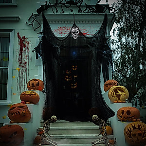 25FT Scary Halloween Outdoor Decorations, Hanging Ghost Halloween Decor with Black Creepy Cloth and Skull Mask for Halloween Haunted House Decor Party Supplies