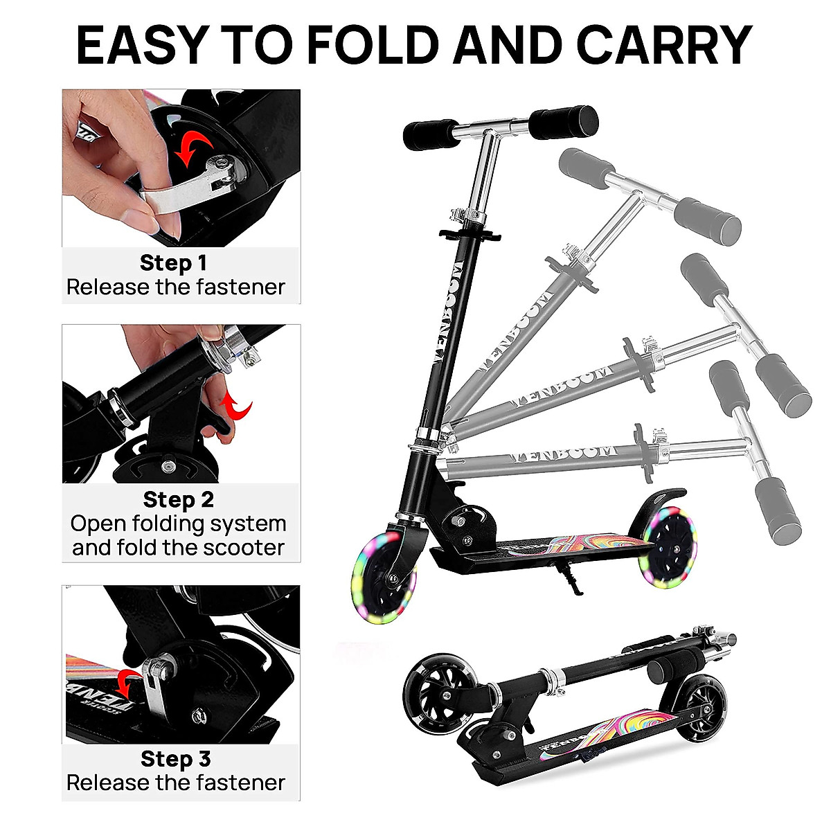 TENBOOM Scooter Toys for Kids Ages 6-12/3-5, Light Up Wheels Christmas Birthday Gifts for Girls Boys, Easy Folding Kids Scooter with 3 Levels Adjustable Handlebar