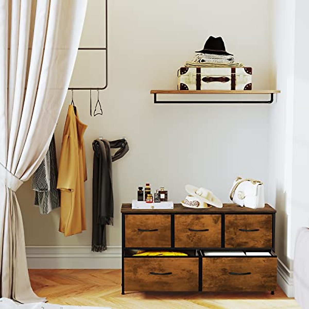 Maxtown 5 Drawer Dresser, Bedroom TV Stand with Storage Cabinet, Fabric Dresser with Steel Frame Wood Top, Kids Room, Hallway, Entrance, Living Room and Dorm Furniture Brown