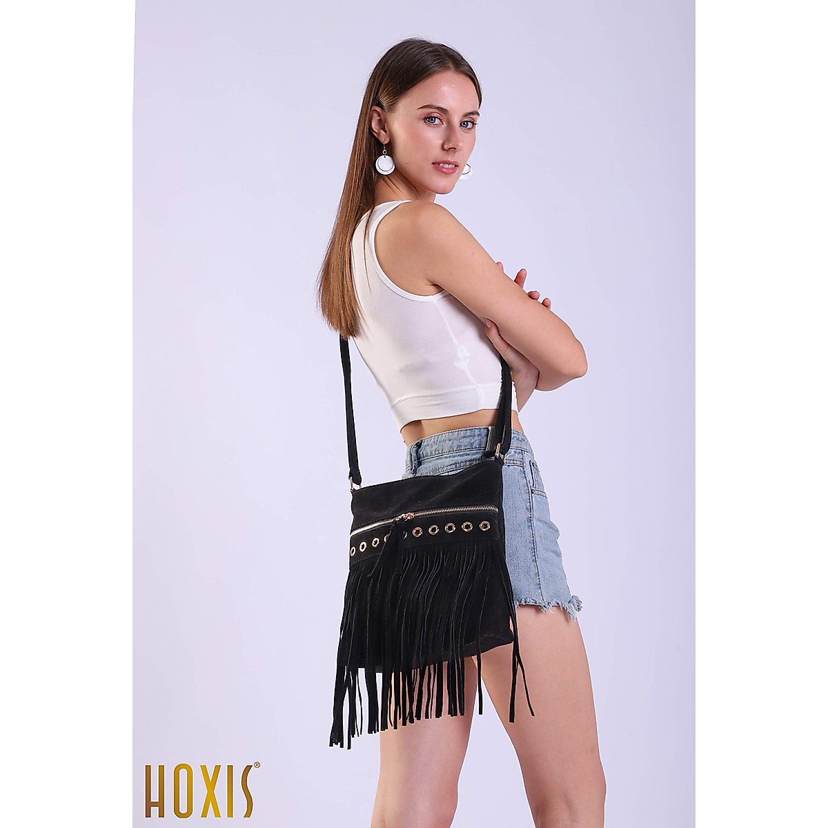 HOXIS Studded Tassel Zipper Pocket Faux Suede Leather Cross Body Bag Womens Purse (Brown)