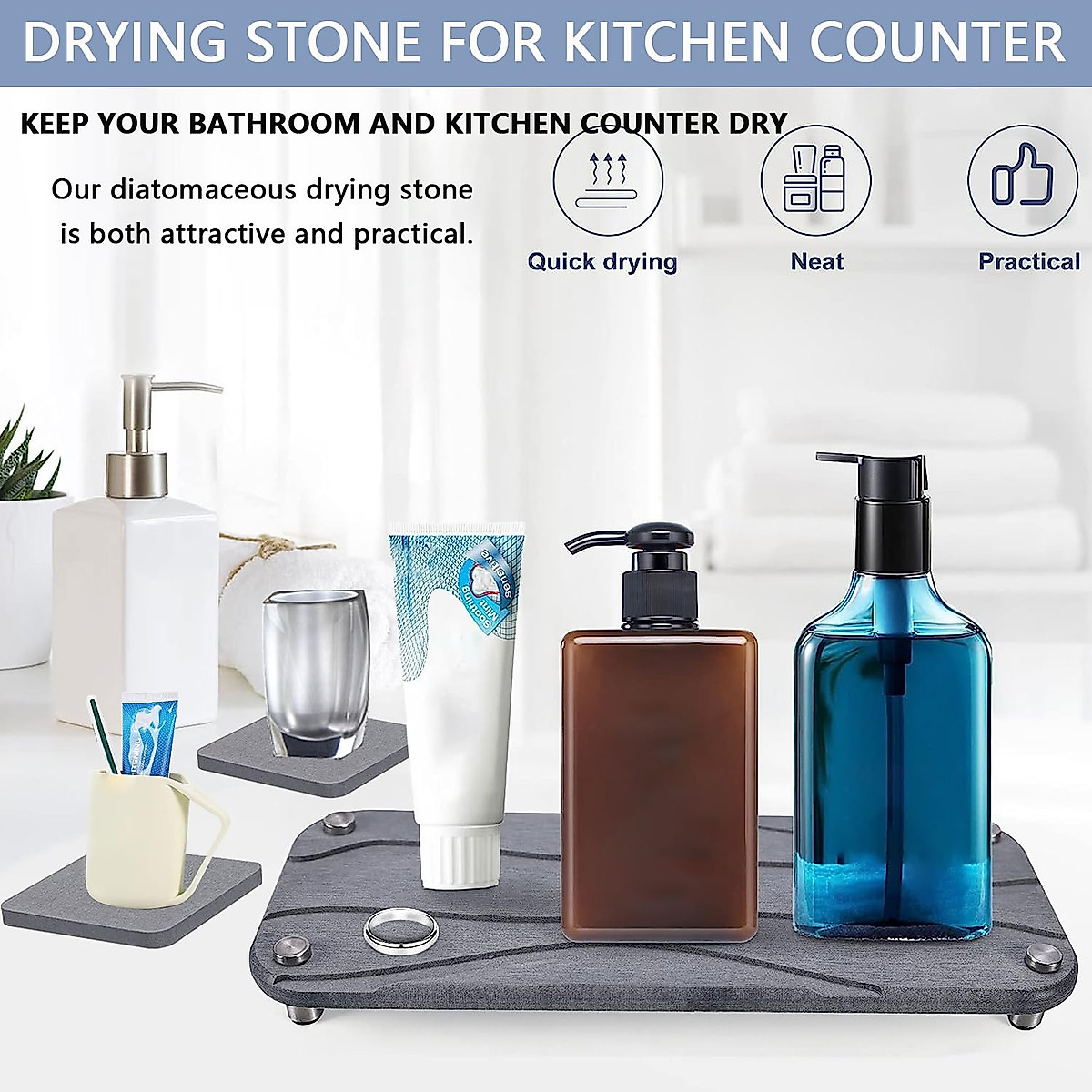 OceanTeda Fast Drying Stone Sink Caddy, Dark Grey, Square, Diatomite, 11 x 4 x 1 in