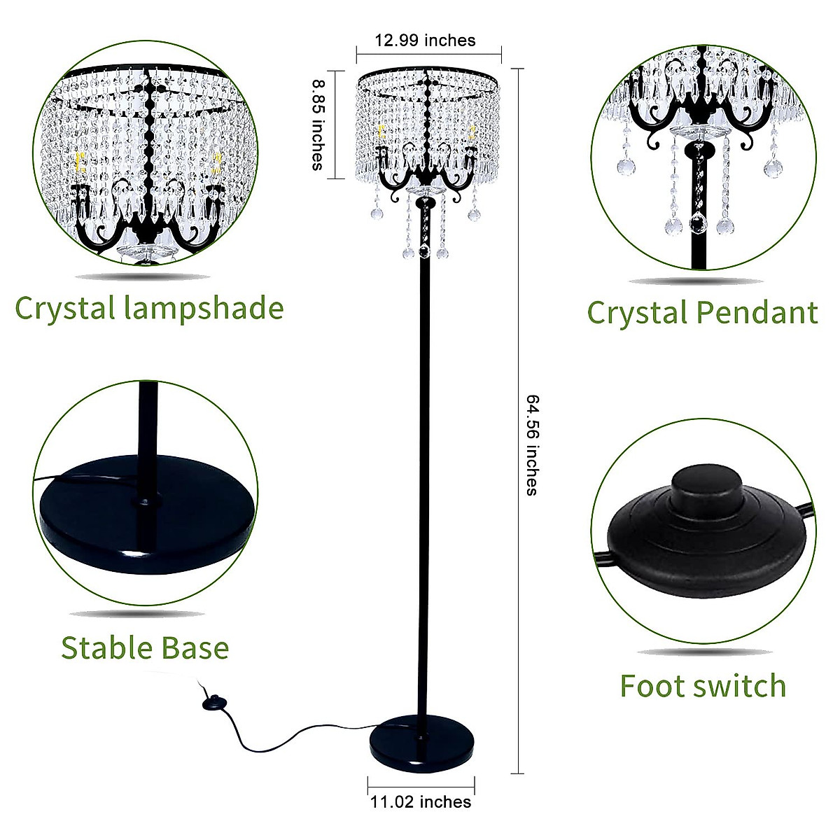 Hsyile KU300267 Modern Elegance Crystal Floor Lamp for Living Room,Bedroom,Office - Standing Tall Pole Lamp - Classic Black