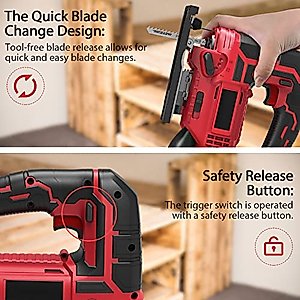 Jigsaw, 20V Cordless Jig Saws with LED, 10Pcs Blades, 4 Orbital Settings, Variable Speed, ±45° Bevel Cutting, Scale Ruler, Tool-free Blade Changing, Battery & Carrying Bag & Fast Charger Included（A）