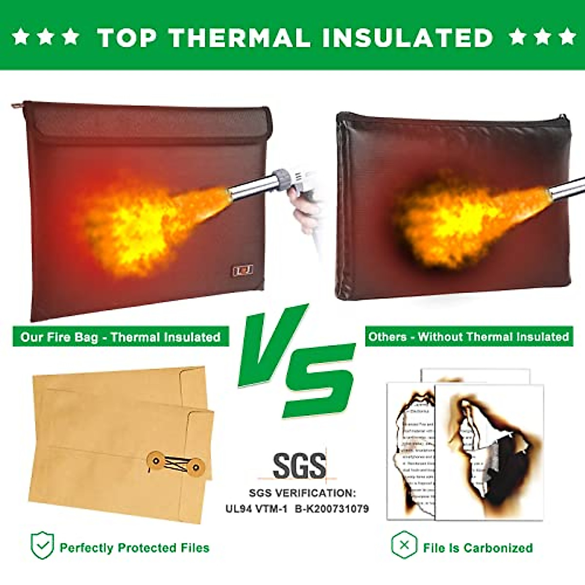 LOJGOAY Fireproof Bag for Documents - 4200°F with Heat Insulated, Fireproof Money Bag for Cash with Zipper, 8-Layer Functional Materials, Waterproof Document Pouch for Valuables, 13.9"x10.6"