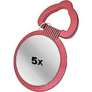 Double Sided Magnifying Mirror - Vanity Round Makeup Mirror with 1x and 5x Magnification - Mirror Stand with Adjustable Handle - Light, Compact Mirror - Portable, Standing Mirror for Travel (Red)