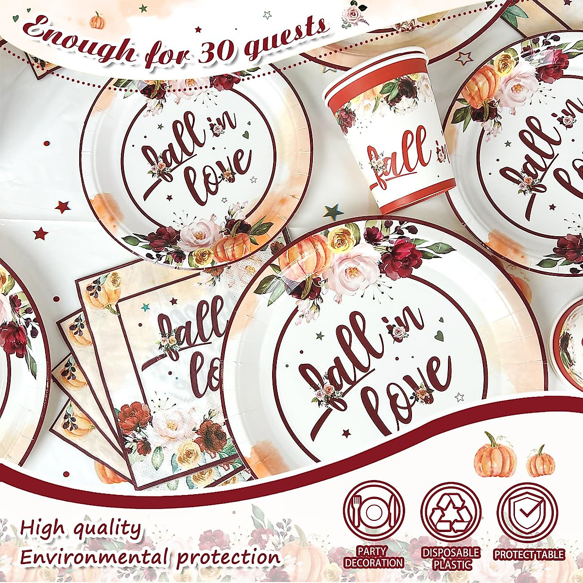 Zhynice Fall in Love Bridal Shower Decorations 121 Pcs Fall Wedding Disposable Dinnerware Autumn Floral Pumpkin Plates and Napkins Cups Tablecloth for Fall Theme Wedding Engagement Supplies 30 Guest