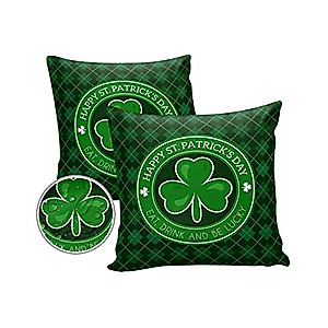 Outdoor Pillow Covers Waterproof, Round Green Lucky Clover Throw Pillowcase Decorative Cover, Saint Patrick Checker Backdrop Garden Cushion Case Set of 2 for Sofa, Couch, Tent, Patio 18"x18"