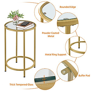 Yaheetech Glass End Table, Round Side Table, Small Coffee Accent Table Nightstand w/Glass Top & Metal Frame for Living Room, Balcony, Bedroom, Porch, Small Space, Modern Style, Mustard Gold