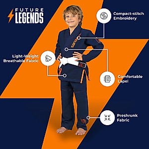 Sanabul Future Legends BJJ Gi for Kids Jiu Jitsu Gi Kimono for Children Youth Preshrunk Fabric & BJJ White Belt Included - Navy/Orange, K1