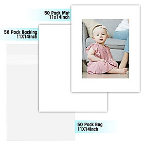 Golden State Art, Acid Free, Pack of 50 11x14 White Picture Mats Mattes with White Core Bevel Cut for 8x10 Photo + Backing + Bags