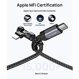 JSAUX 90 Degree USB C to Lightning Cable 6ft, [Apple MFi Certified] Right Angle iPhone 14 Charger Cable with iPhone 14/13 Pro/13 Pro Max/12 Pro/11 Pro Max/X/XS/XR/8, iPad 9th 2021, AirPods Pro (Grey)