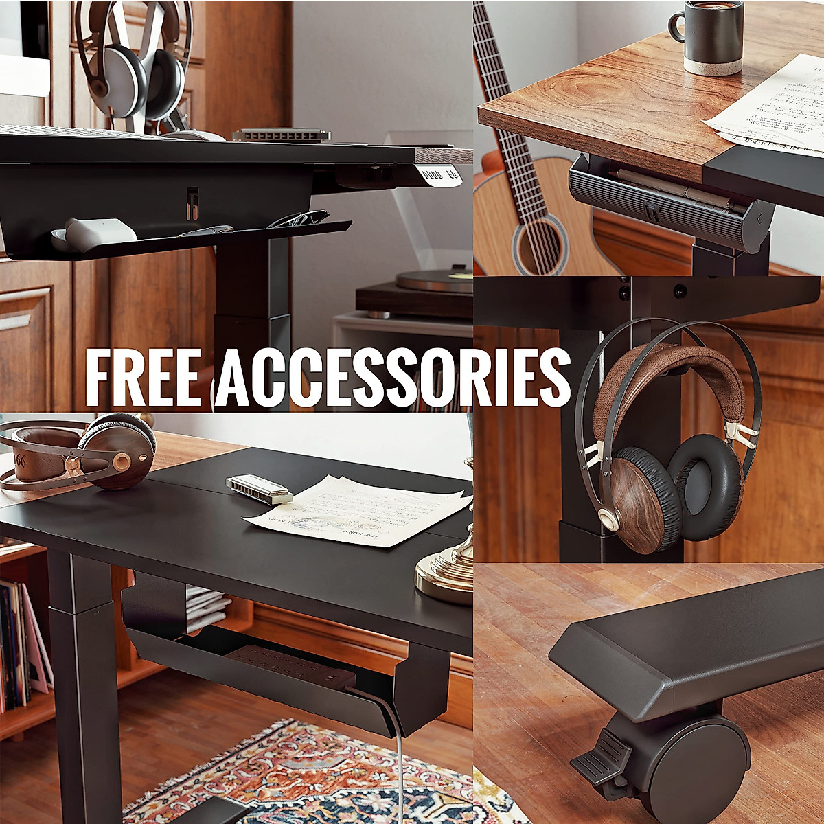 FEZIBO Height Adjustable Electric Standing Desk with Pencil Holder, 48 x 24 Inches Stand Up Desk, Sit Stand Desk with Black and Espresso Top and Black Frame