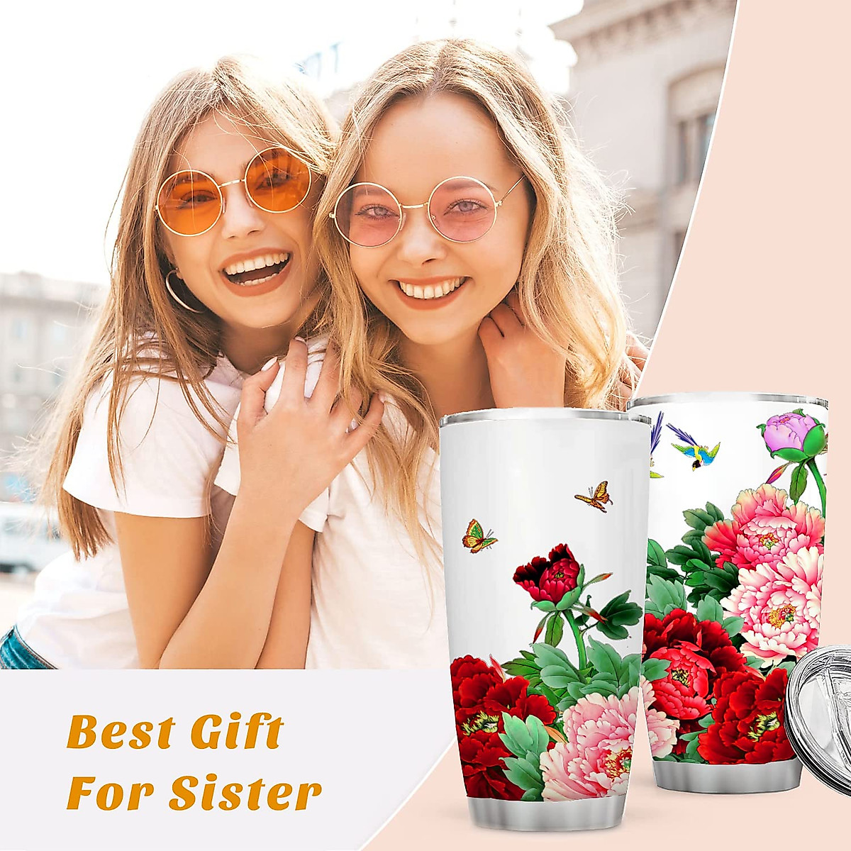 ATHAND Peony Floral Tumblers with Lid 20 Oz - Stainless Steel Insulated Flowers Tumbler Travel Coffee Mugs Gifts for Women - Cute Birthday Christmas Gifts For Women Her Friends (Peony),1 Pcs