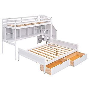 DEYOBED Twin Over Full Wooden Bunk Bed with Storage Shelves Drawers and Staircase for Kids Teens Adults