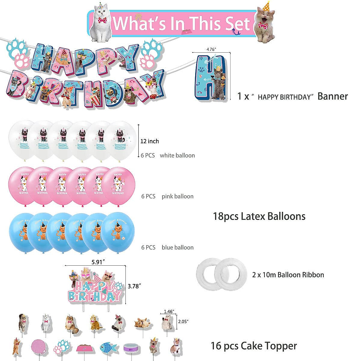 Cat Birthday Decorations Cat Themed Birthday Party Supplies Cat Face Happy Birthday Banner Cat Print Balloon Cake Toppers Cat Lover Kids Cat Theme Birthday Party Pet Adoption Party Decorations