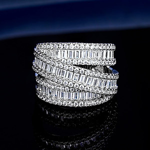 OPOMOMO Eternity Ring Wedding Bands,18K White Gold Plated 3 Rows Emerald Cut Lab Diamond Band Rings for Women Men (8) (C-white -3 rows, 8)