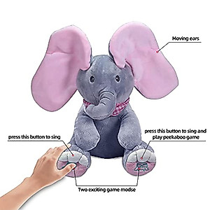 OMGOD Peek a Boo Elephant Stuffed Animals, Plush Toy for Baby Girls Hide-and-Seek Game Toy Singing Interactive Musical Toys, Great Gift for 6 Month 1+ Year Girls Moving Ears Bear Doll-12