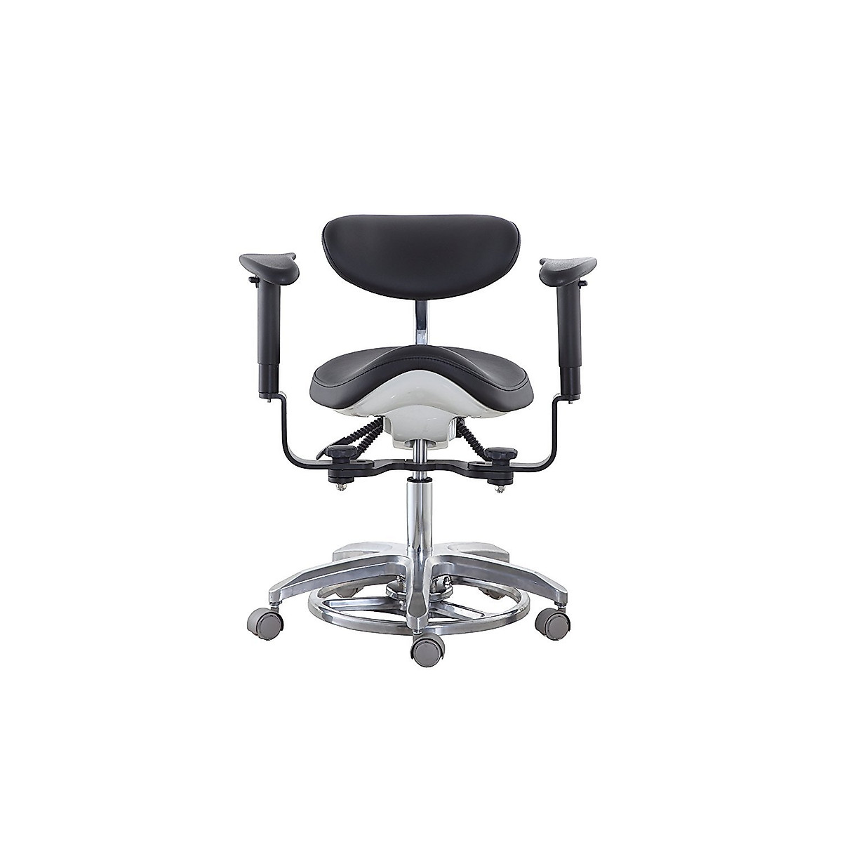 East-New Medical Dental Chair Microscope Saddle Stool Foot Controlled/Pedal Base PU Leather with 45°Swiveling Armrests SDS-FC1