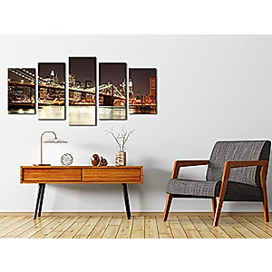 Wieco Art 5 Piece Giclee Canvas Prints Wall Art The Brooklyn Bridge Landscape Pictures Photo Paintings for Living Room Bedroom Home Decorations Modern Stretched and Framed City Skyline Art Work
