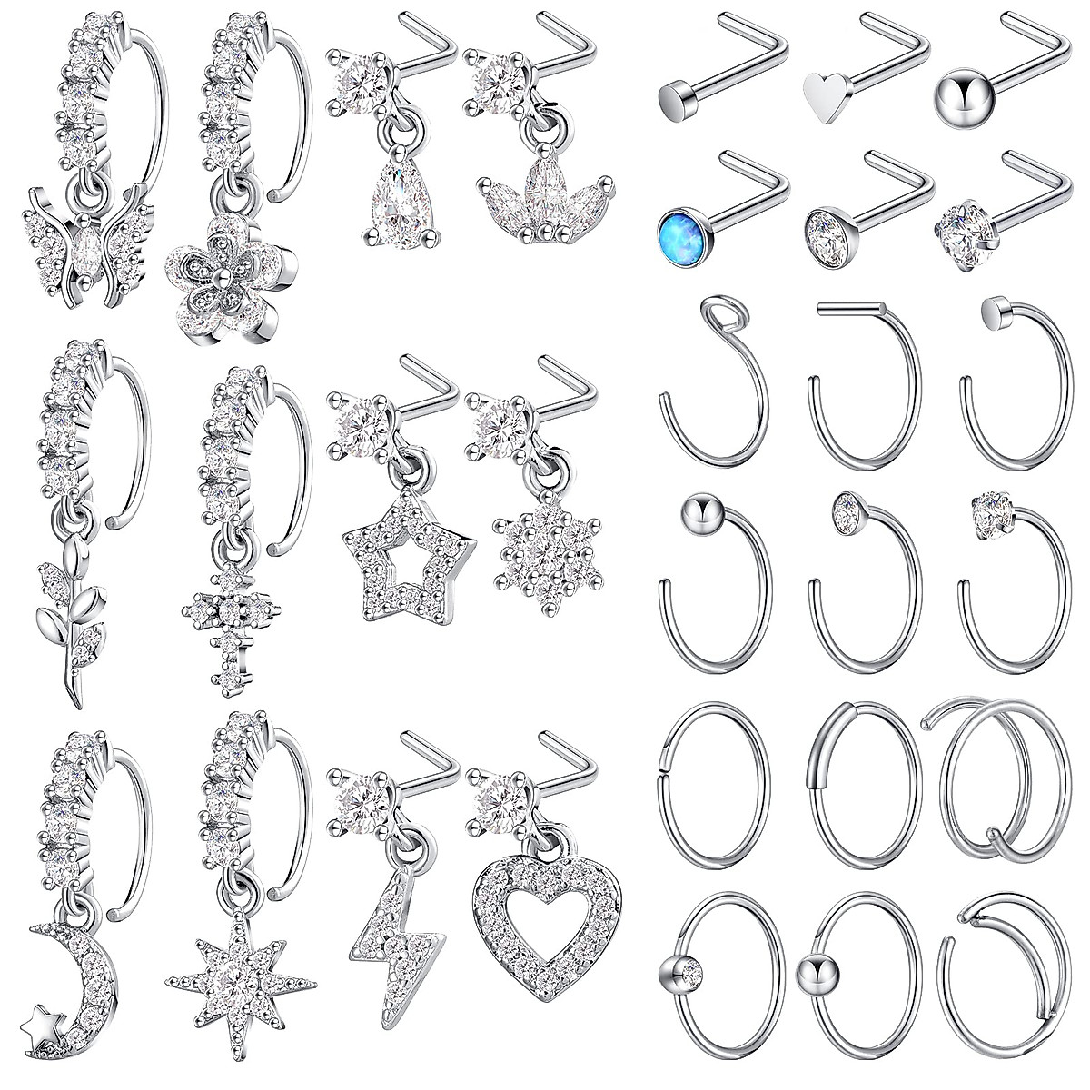 Trnayi 30 Pcs 20g Dangle Nose Ring L Shaped Nose Piercings Jewelry for Women Men Cute Nose Ring Stud Hoop Indian Nose Screw Surgical Steel Nose Ring Studs (Silver)