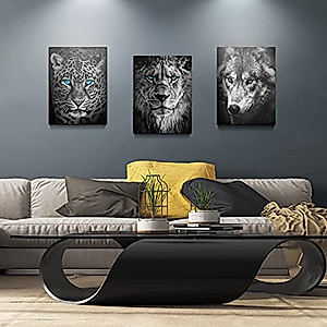 QTESPEII Black and White Animals Pictures Wall Art Decor for Bathroom Leopard Lion Wolf Head with Blue Eyes Paintings Canvas Prints Wildlife Artwork Framed Modern Home Office Decor 12"x16" 3 Panels