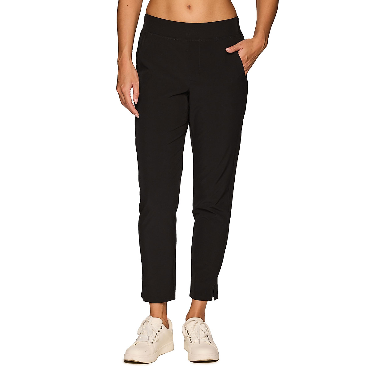 RBX Women's Quick Drying Woven Ankle Pant with Pockets Ribbed Side Jet Black L