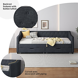 ACQCA Twin Size Daybed with Storage, Upholstered Day Bed Frame with 2 Drawers and Button Tufted Backrest,Wood Slat Support,No Box Spring Needed,Dark Grey