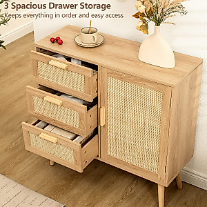 Iwell Storage Cabinet with Rattan Door & 3 Drawers, Rattan Cabinet with Adjustable Shelf, Accent Cabinet for Living Room, Entryway, Natural
