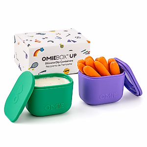 OmieBox UP (2 pack) Leakproof Dips Containers To Go, Salad Dressing Container, Condiment Container with Lids - Food Safe Silicone - 4.5 ounces (Purple/Green)