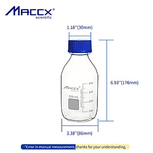 Maccx 17oz (500ml) Glass Round Media Storage Bottles,Pack of 6, Heavy-duty Borosilicate Glass Bottle with GL45 Screw Cap, GL45RB500-006