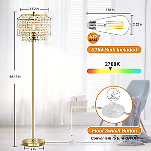 Luvkczc Crystal Floor Lamp Gold, Double-Layer Lampshade, Elegant Standing Lamp, Bedroom Standing Lights, Tall Standing Lamps for Living Room, Bedroom, Office, 8W LED Bulb Included