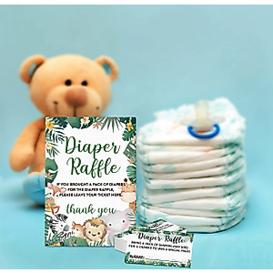 Diaper Raffle Baby Shower Game Set(1 Standing Sign + 50 Guessing Cards), Safari Diaper Raffle Tickets for Baby Shower, Jungle Baby Shower Party Favor Decor - A03