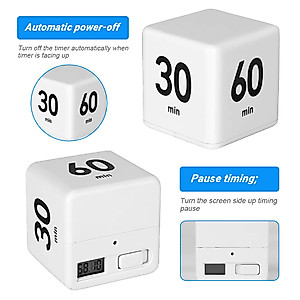 welltop Cube Timer, 2 Pack Kitchen Timer with 4 LED Light Alarm Kids Child Exercise Workout Gravity Sensor Flip Timer for Time Management and Countdown Settings (White - 1 3 5 10 and 15 20 30 60 min)
