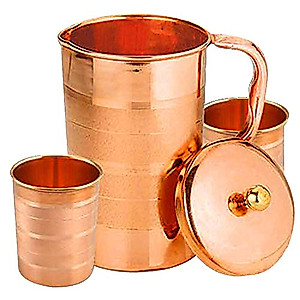 Copper Pitcher and 2 Tumbler Set, Pure Copper Jug, Handmade, 54 Ounce, Best for Water, Ayurveda, Moscow Mule, Cocktails