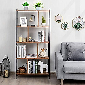 Giantex 4-Tier Bookshelf, Industrial Style Bookcase with Metal Frame, Free Standing Storage Display Shelves, Home Office Study Storage Rack Shelves with Dividers, Wood Shelving Unit (Rustic Brown)