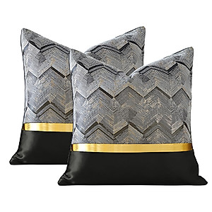 OTOSTAR Set of 2 Throw Pillow Covers for Bed Couch Sofa Car Decor Luxury Modern Minimalist Gold Leather Stitching Wavy Stripes Square Pillowcase Cushion Cover Black, 16x16 Inch