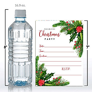 Watercolor Holly and Pine Christmas Holiday Party Invitations, 20 5"x7" Fill In Cards with Twenty White Envelopes by AmandaCreation