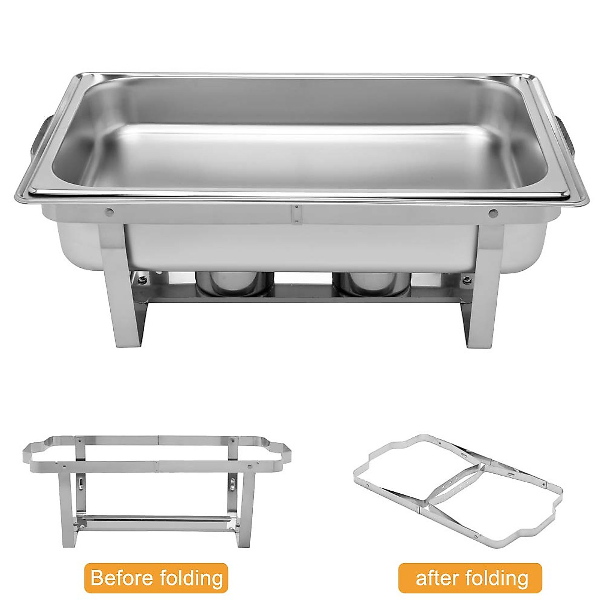 ROVSUN 8 Qt 6 Pack Full Size Stainless Steel Chafing Dishes Buffet Set, NSF Silver Rectangular Catering Chafer Warmer Set with Trays Pan Lid Folding Frame Stand for Kitchen Party Banquet Dining