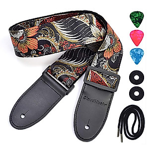 CLOUDMUSIC Guitar Strap For Acoustic Electric Embroidered Jacquard Vintage Floral Patterns(Flowers In Black)