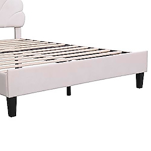 GYYBED Queen Size Upholstered Platform Bed with Flower Pattern Velvet Headboard upholstered Platform Bed Queen Bed Frame no Box Spring Needed (Beige)