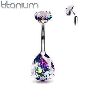 Dynamique Implant Grade Titanium Internally Threaded Top Prong Set Pear CZ Belly Button Rings (Sold Per Piece)