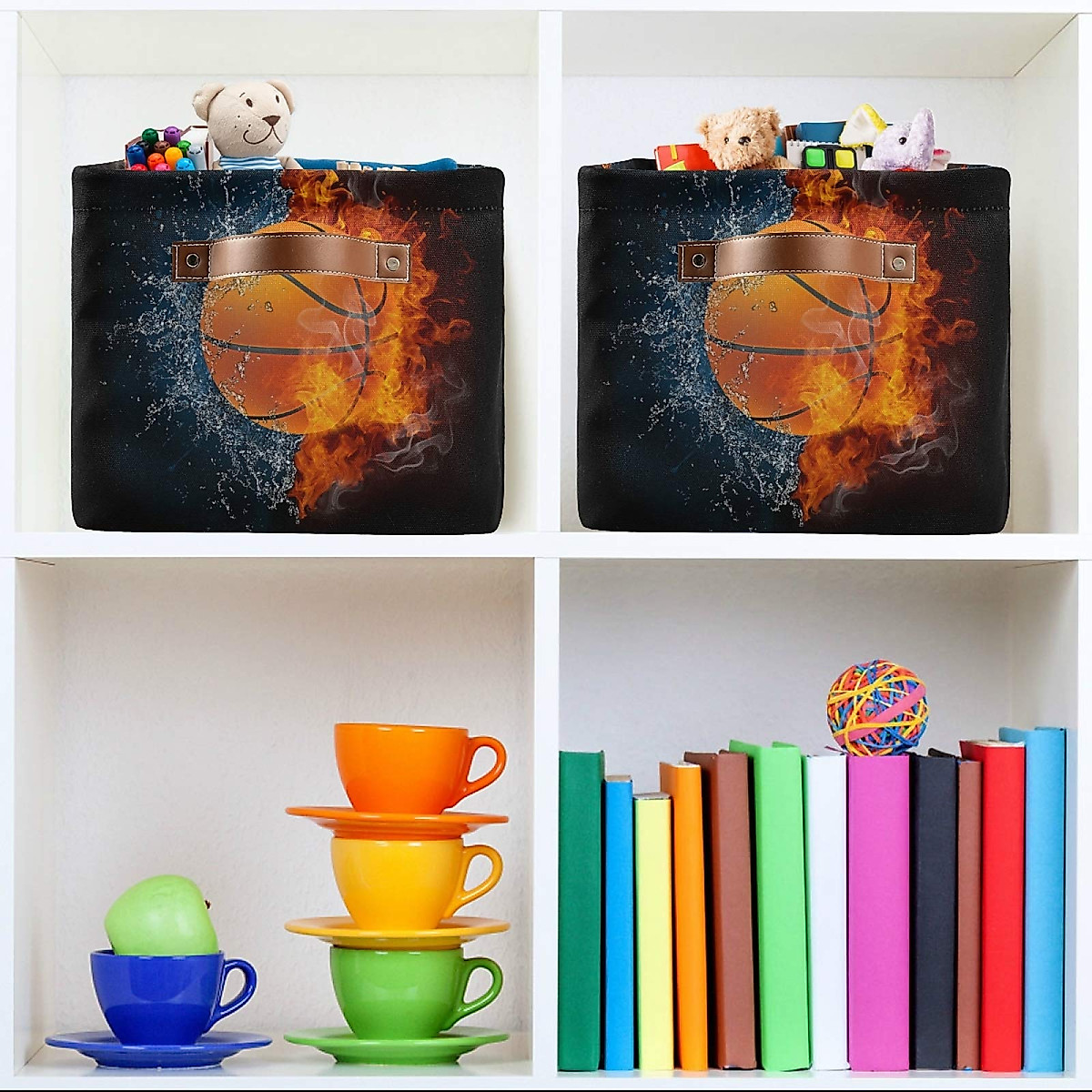 AUUXVA Storage Basket Fire Water Basketball Storage Cube Box Durable Canvas Collapsible Toy Basket Organizer Bin with Handles for Shelf Closet Bedroom Home Office