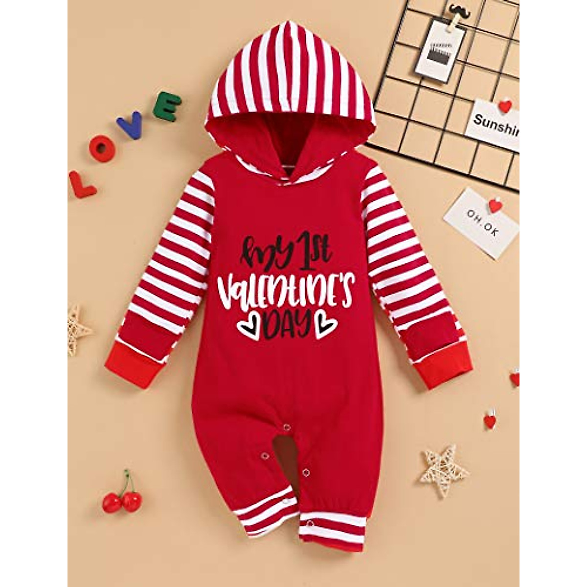 WALSONER My 1st Valentine’s Day Clothes Newborn Baby Boy Hooded Love Romper Valentine Bodysuit