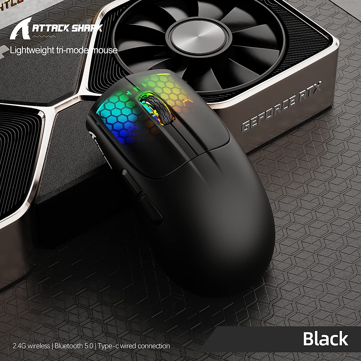 ATTACK SHARK X5 Wireless Gaming Mouse with Tri-Modes BT 5.1/2.4Ghz/USB-C,Lightweight 49g,PAW3212 Optical Sensor,Rechargeable Battery,RGB LED Honeycomb Mice for PC/Tablet/Desktop/Office/Games-Black