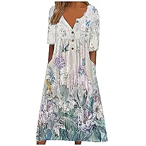 Cream Dress for Women, Spring Dresses Green Holiday Dress Women Sun Dress Maxi Women’S Casual O-Neck Short-Sleeve Button Loose Summer 2022 Dress Women's Crewneck Short Sleeve (L, White)