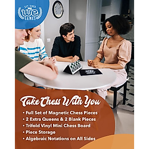 WE Games Mini Chess Set – 10 inch Foldable Pocket Chess Set, Flat Magnetic Chess Pieces, Portable and Travel Chess Set for Adults, White Logo